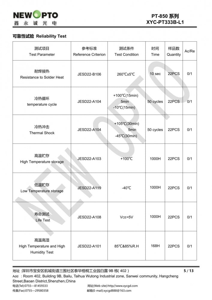 XYC-PT333B-L1 datasheet page 5