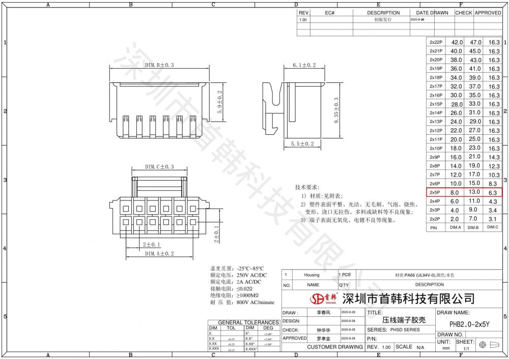 PHB2.0-2x5Y specification page 1
