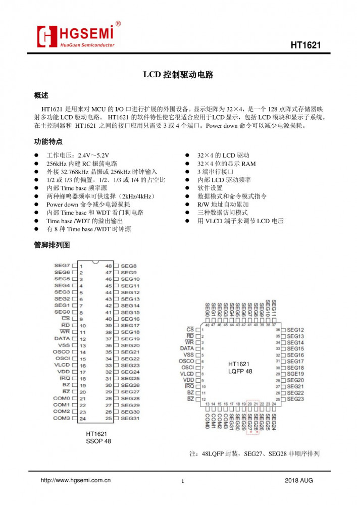 HT1621 datasheet page 1