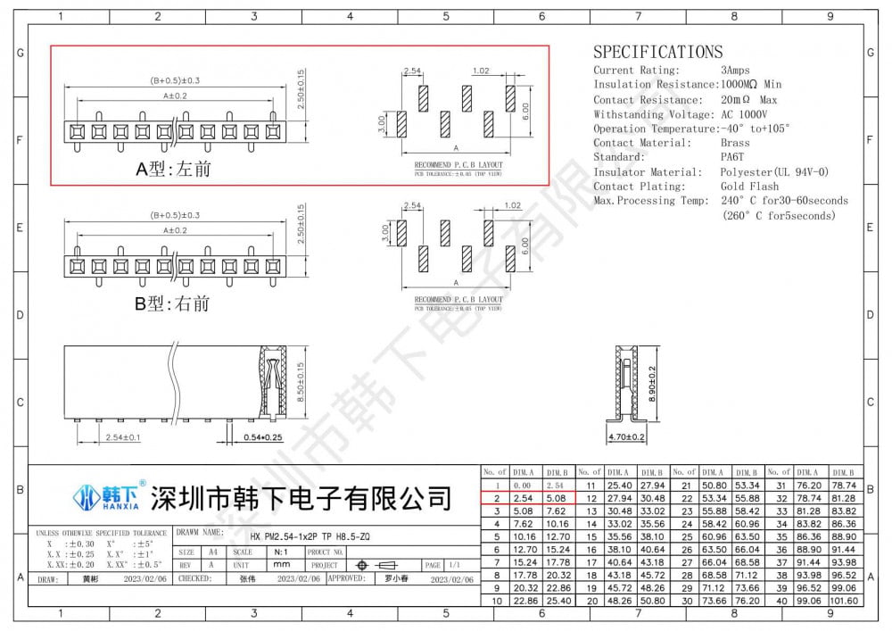 HX PM2.54-1x2P TP H8.5-ZQ technical drawing preview