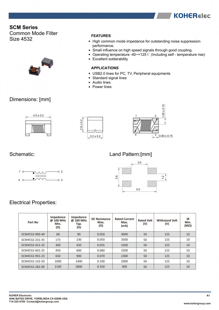 SCM4532-901-23 dimensional drawing and electrical specification page