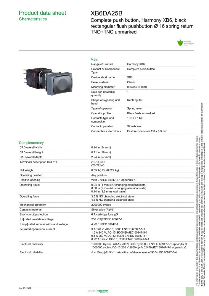 XB6DA25B technical document page 1