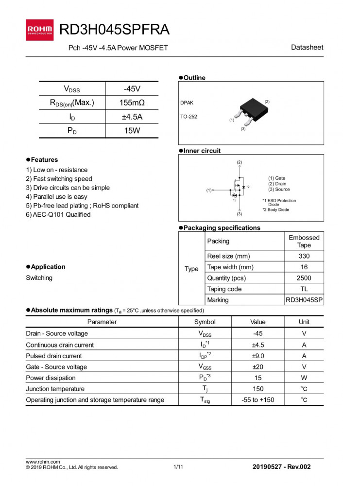 RD3H045SPFRATL datasheet page 1
