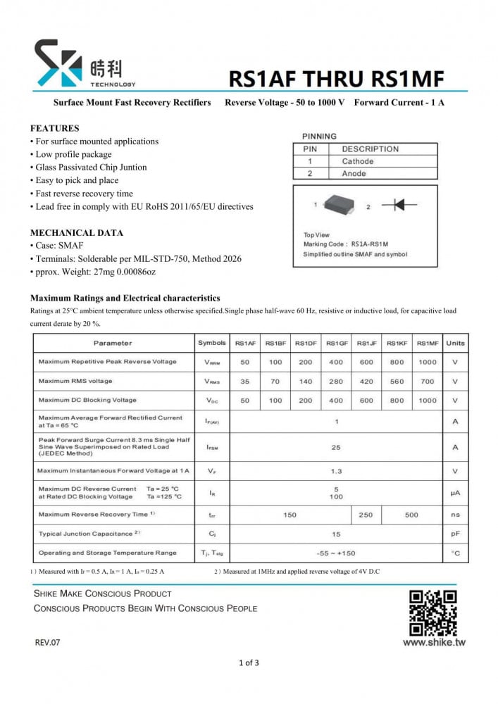 RS1AF datasheet page 1