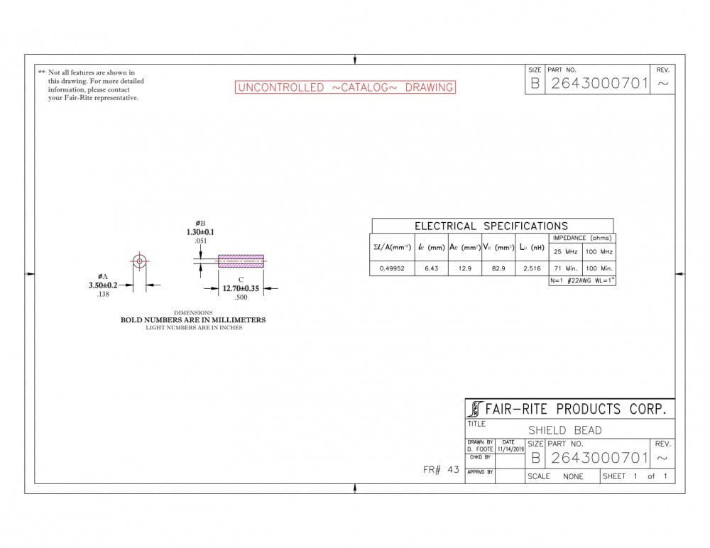 Fair-Rite 2643000701 technical document page