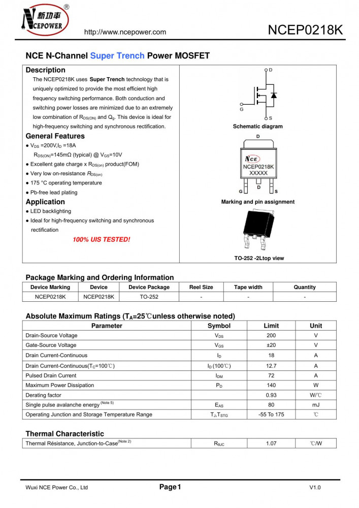 NCEP0218K datasheet page 1