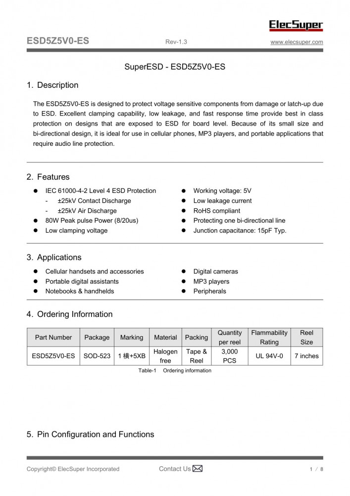 ESD5Z5V0-ES datasheet page 1