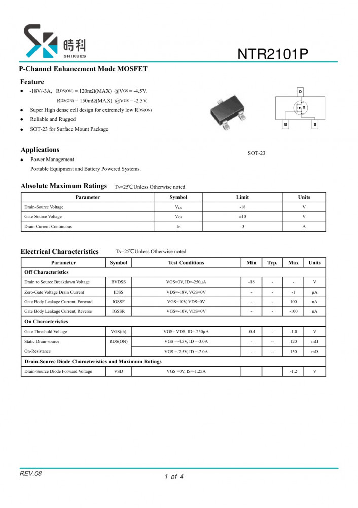 NTR2101P datasheet page 1