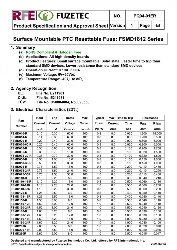 FUZETEC FSMD1812 specification page 1