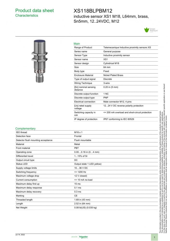 XS118BLPBM12 product documentation page 1