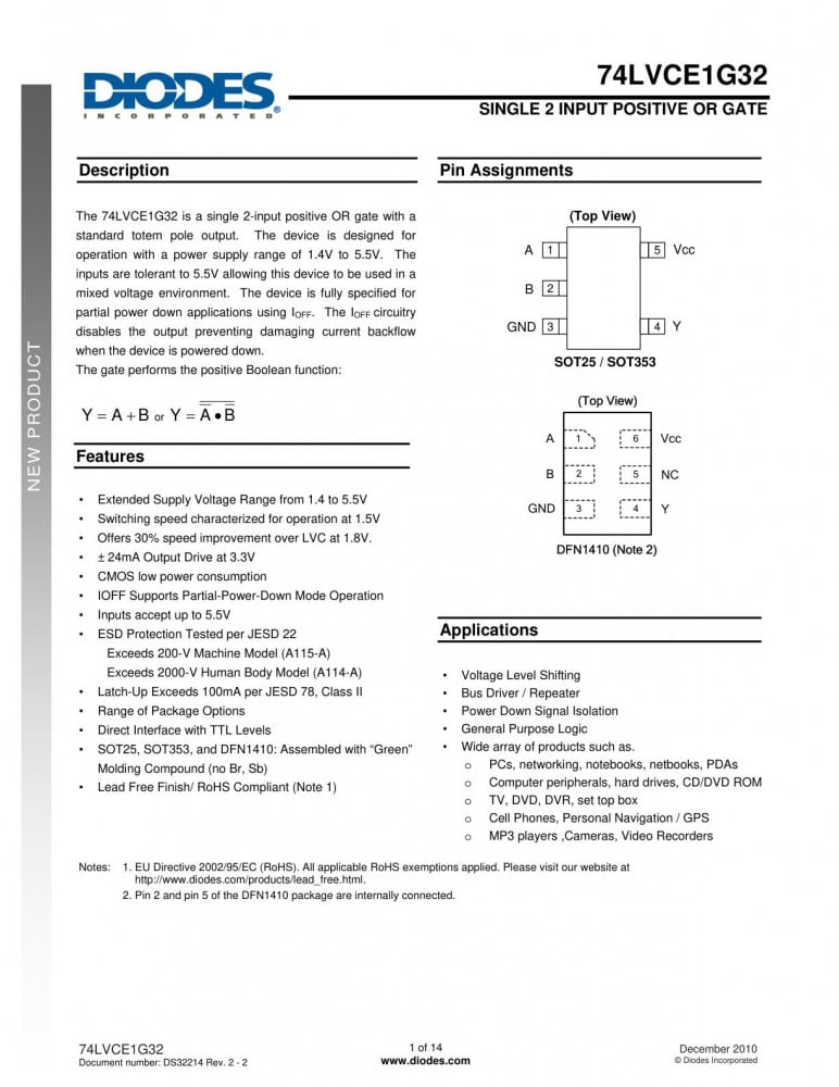 74LVCE1G32FZ4-7 datasheet page 1