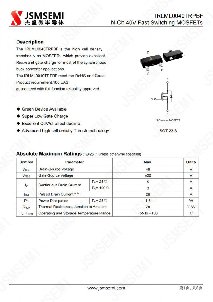 IRLML0040TRPBF-JSM datasheet page 1