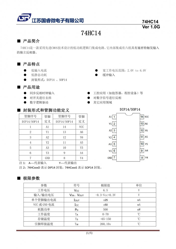 74HC14S datasheet page 1