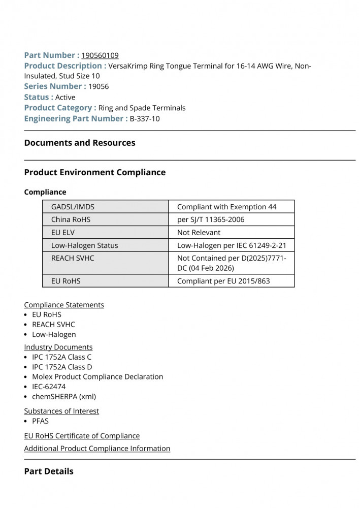 MOLEX 190560109 technical document page 1