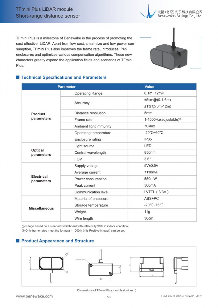 SEN-15179 TFmini Plus documentation page 1