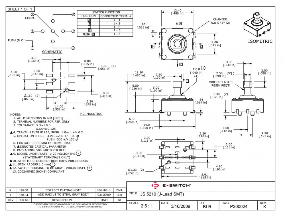 E-Switch JS5210 J-lead SMT product drawing
