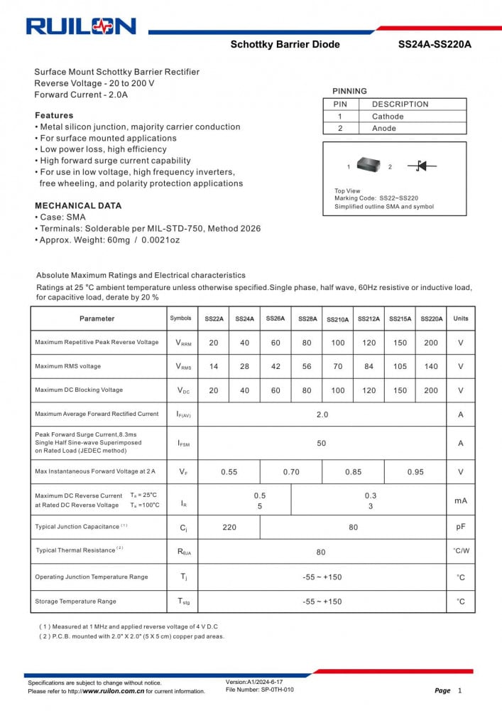 RUILON SS210A datasheet page 1