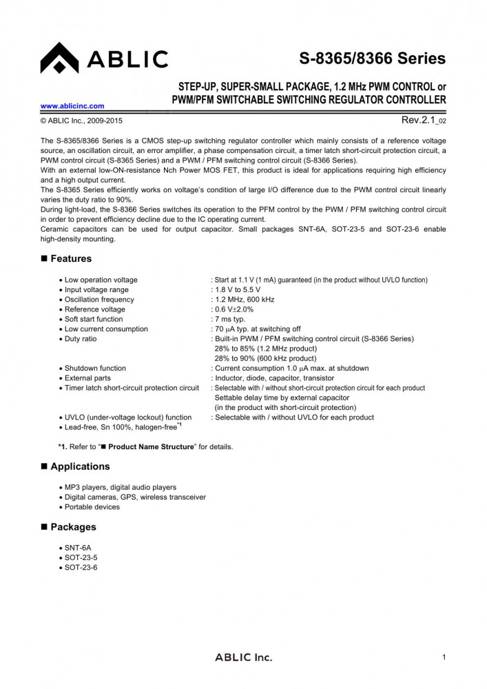 S-8365/8366 datasheet page 1