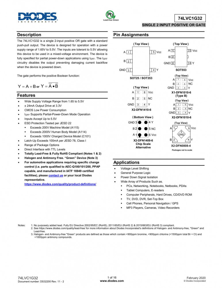 74LVC1G32FW4-7 technical document page 1