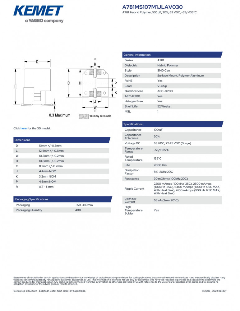 KEMET A781MS107M1JLAV030 technical document page