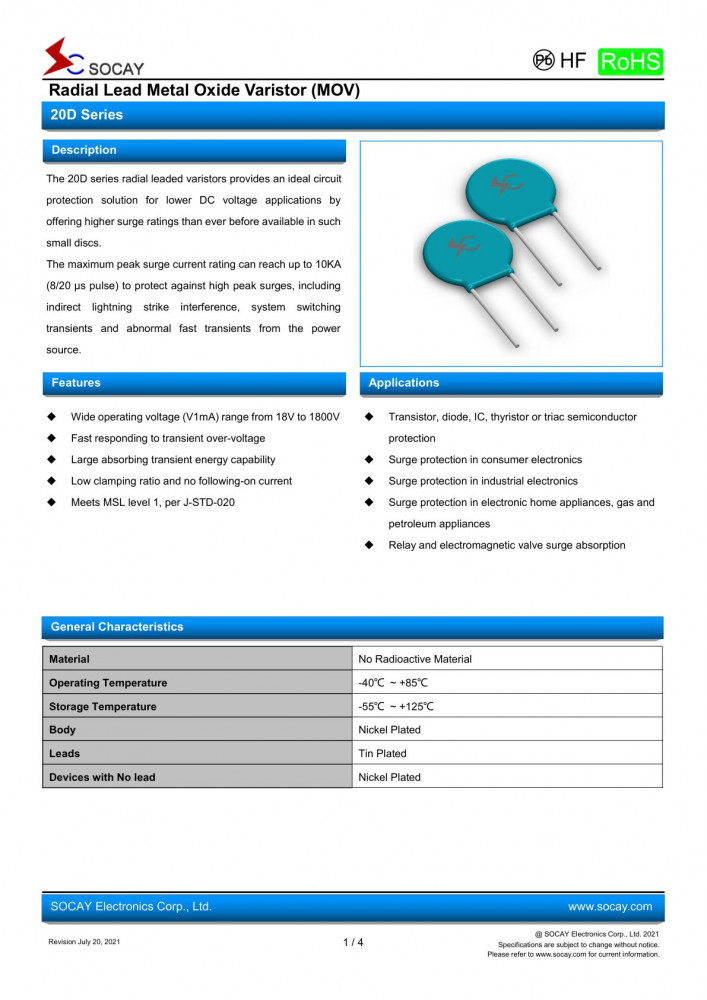 SOCAY 20D series MOV datasheet page 1