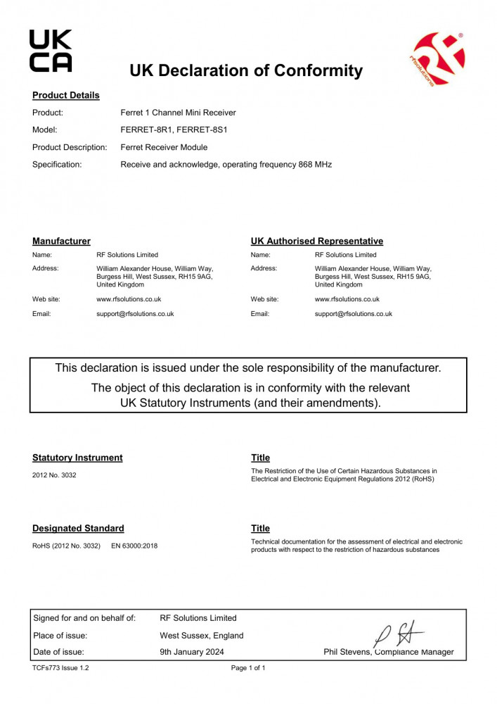 RF Solutions Ferret receiver product documentation image