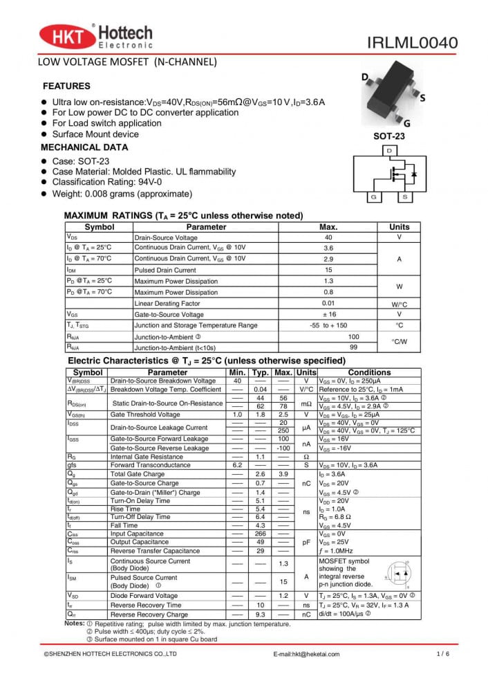 IRLML0040 datasheet page 1