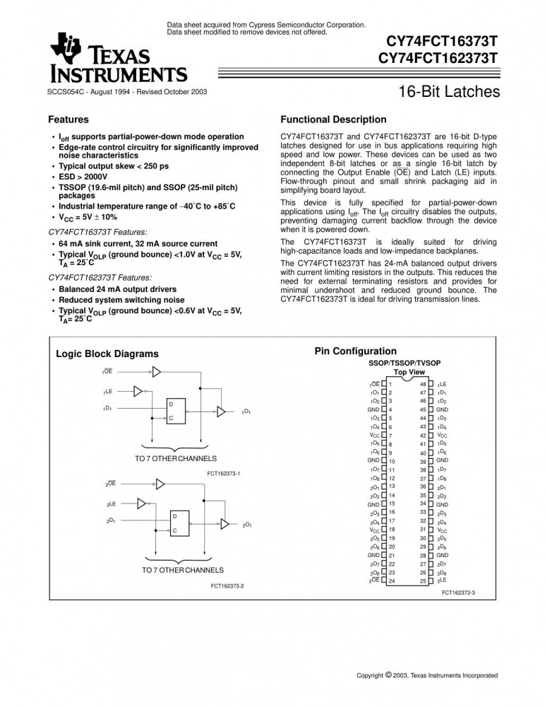 CY74FCT16373ETPAC technical document page 1