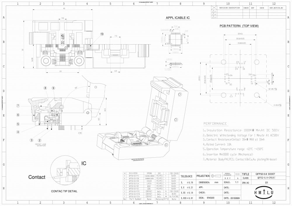 HMILU QFP32-0.8 socket technical drawing