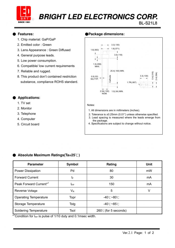 BL-S21L8 datasheet page 1