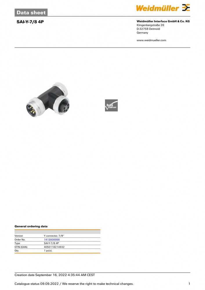 WEIDMULLER 1413930000 product documentation page 1