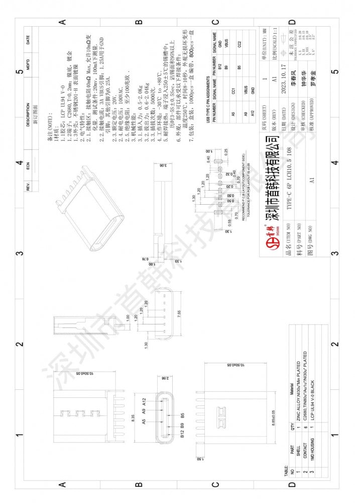 TYPE-C 6P LCH10.5 108 specification page 1