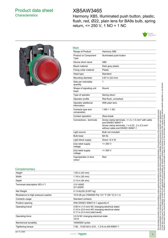 XB5AW3465 technical document page 1