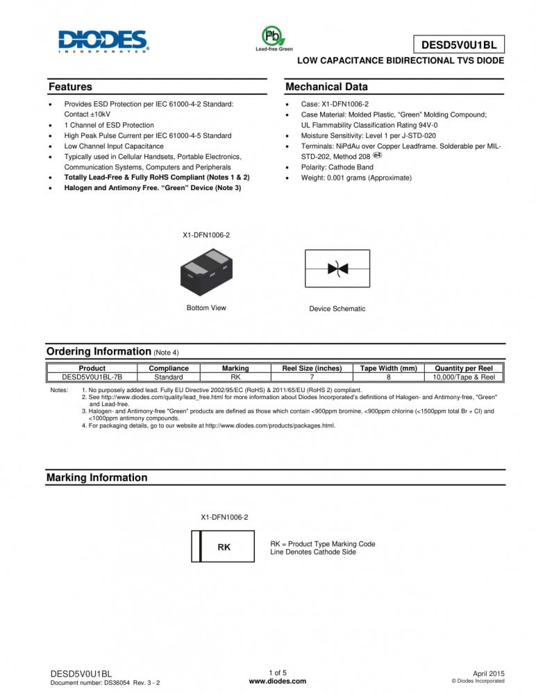 DESD5V0U1BL-7B datasheet page 1