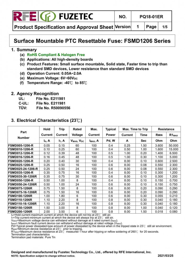 FUZETEC FSMD1206 specification sheet page 1