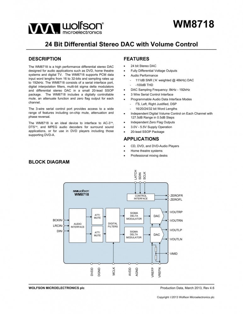 WM8718 datasheet page 1
