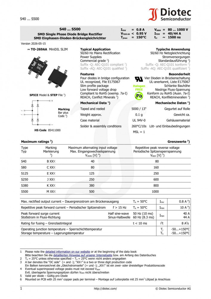 DIOTEC S250 datasheet page 1