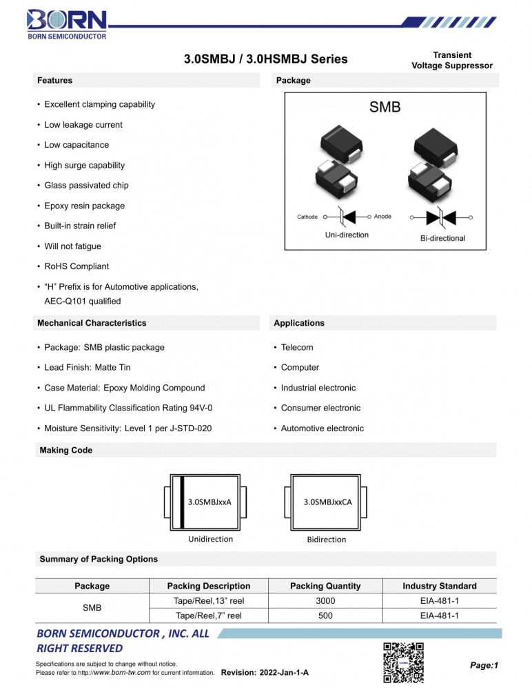 3.0SMBJ58CA datasheet page 1