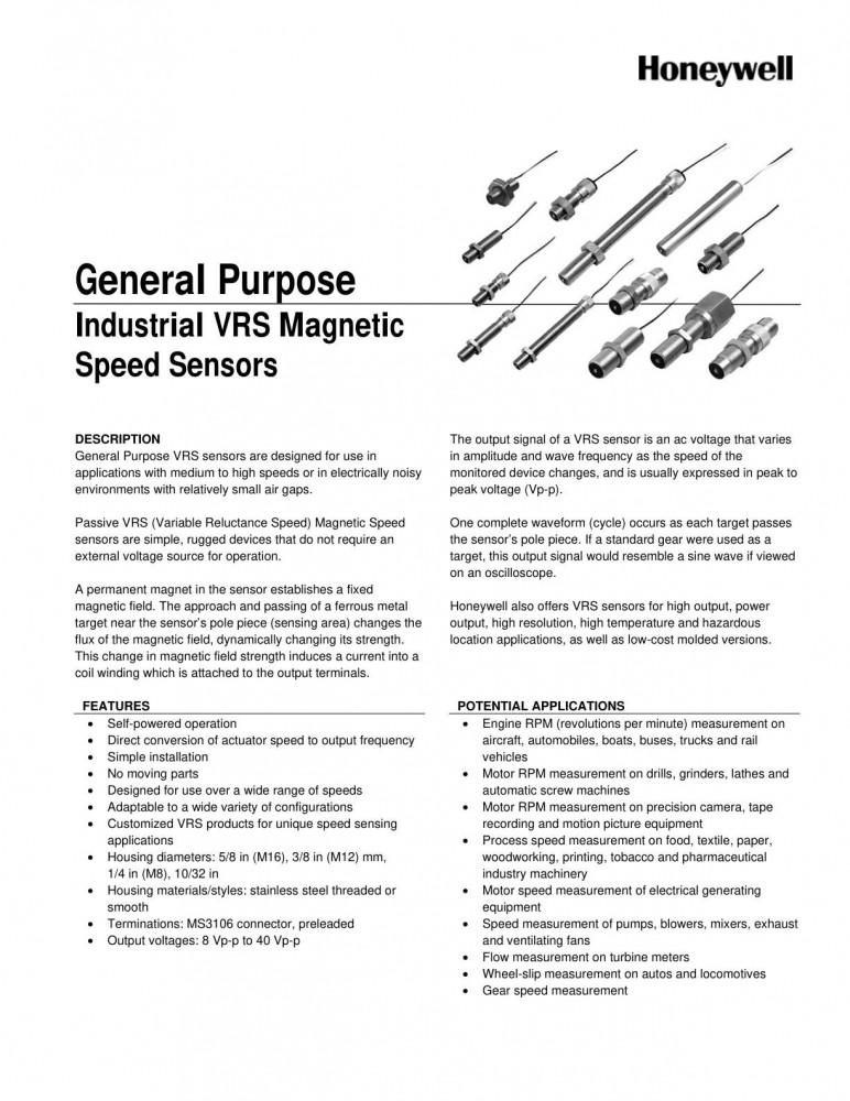 Honeywell VRS sensor datasheet page 1