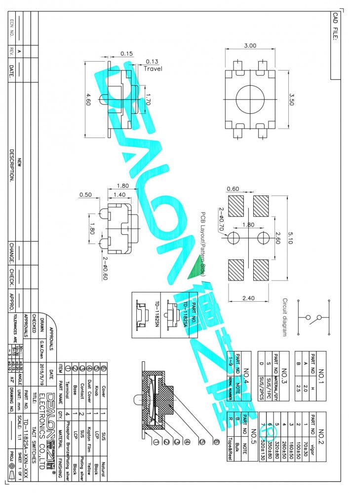 DEALON TD-1182SA tactile switch technical drawing