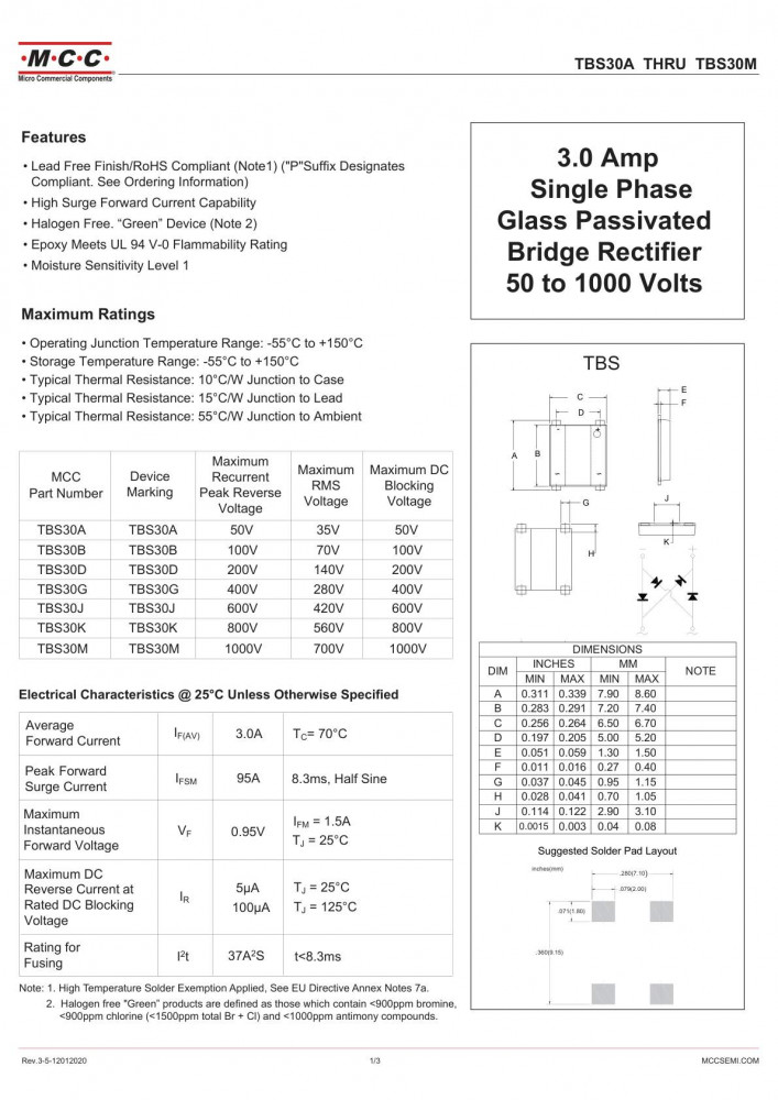 MCC TBS30M-TP datasheet page 1