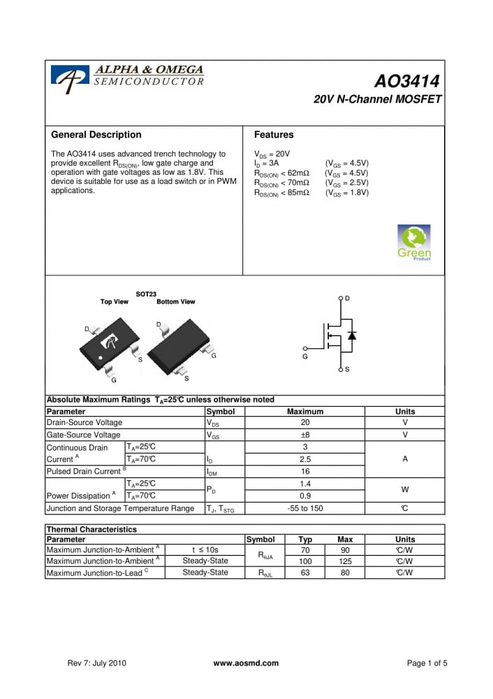 AO3414 datasheet page 1