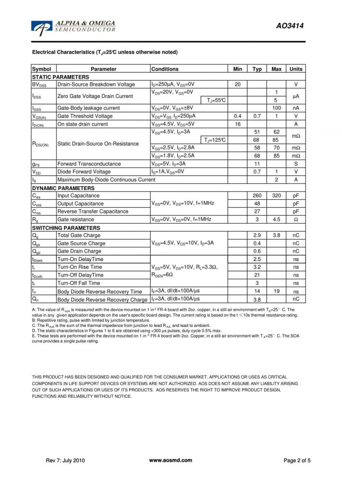 AO3414 datasheet page 2