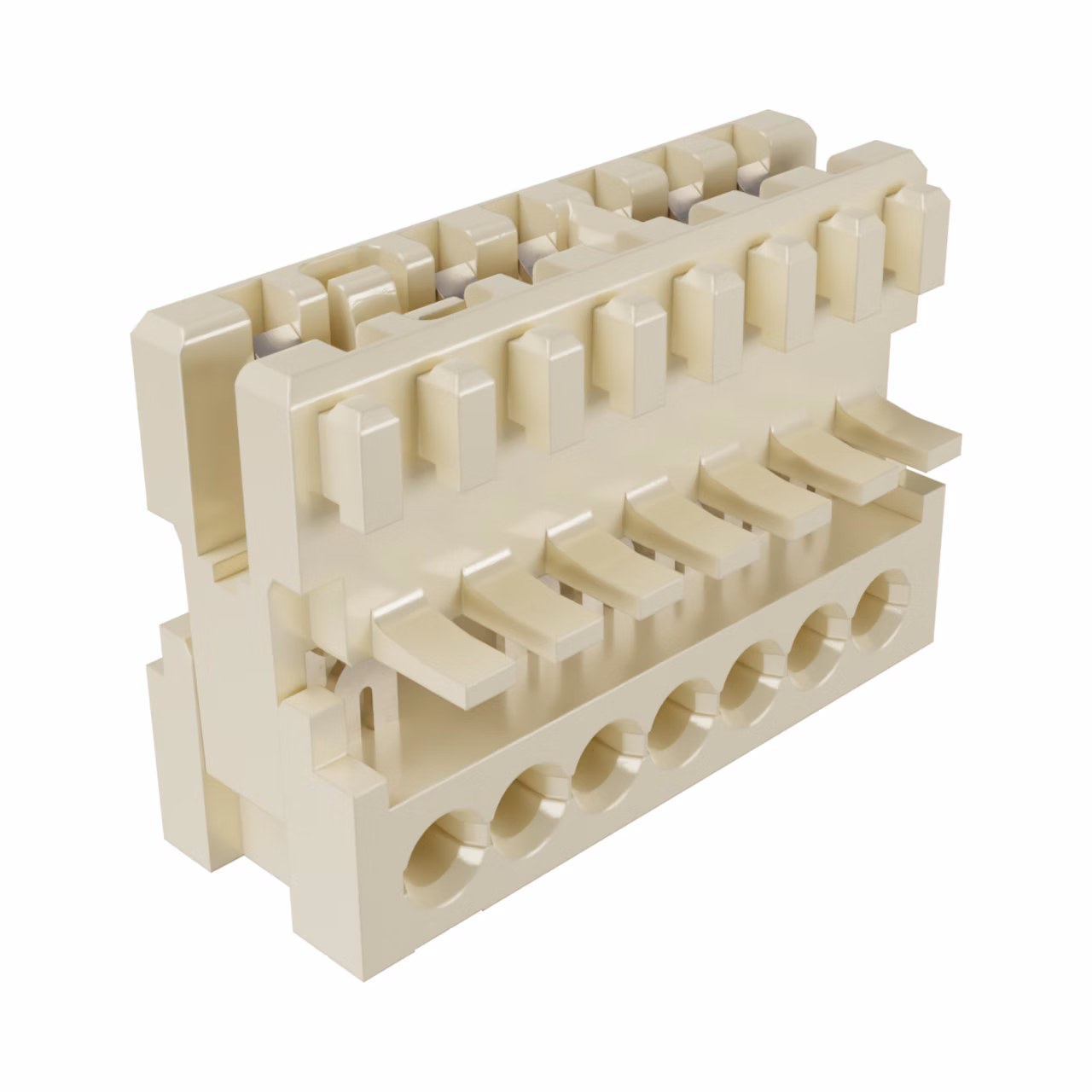 Appli-Mate RAST 2.5 Connector, 2.50mm Pitch, Female, 7 Circuits, Positions A and H Removed, Polarizing Rib Between 2/3, Locking Pips, Slotted Endwalls, Tin Plating