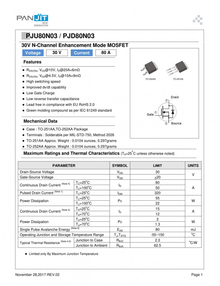 PANJIT PJD80N03 datasheet page 1
