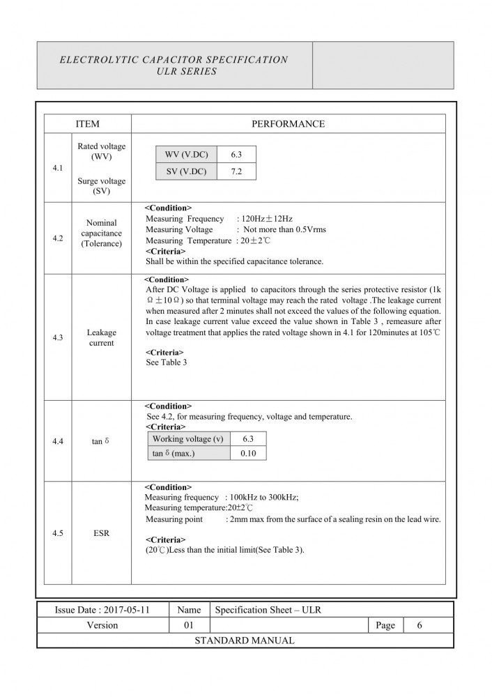 ULR series specification page 7: temperature and load life tests