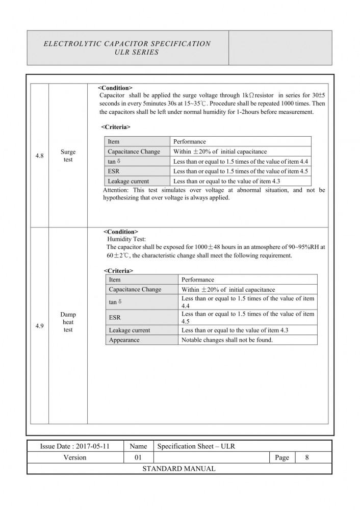 ULR series specification page 9: ripple and temperature change data