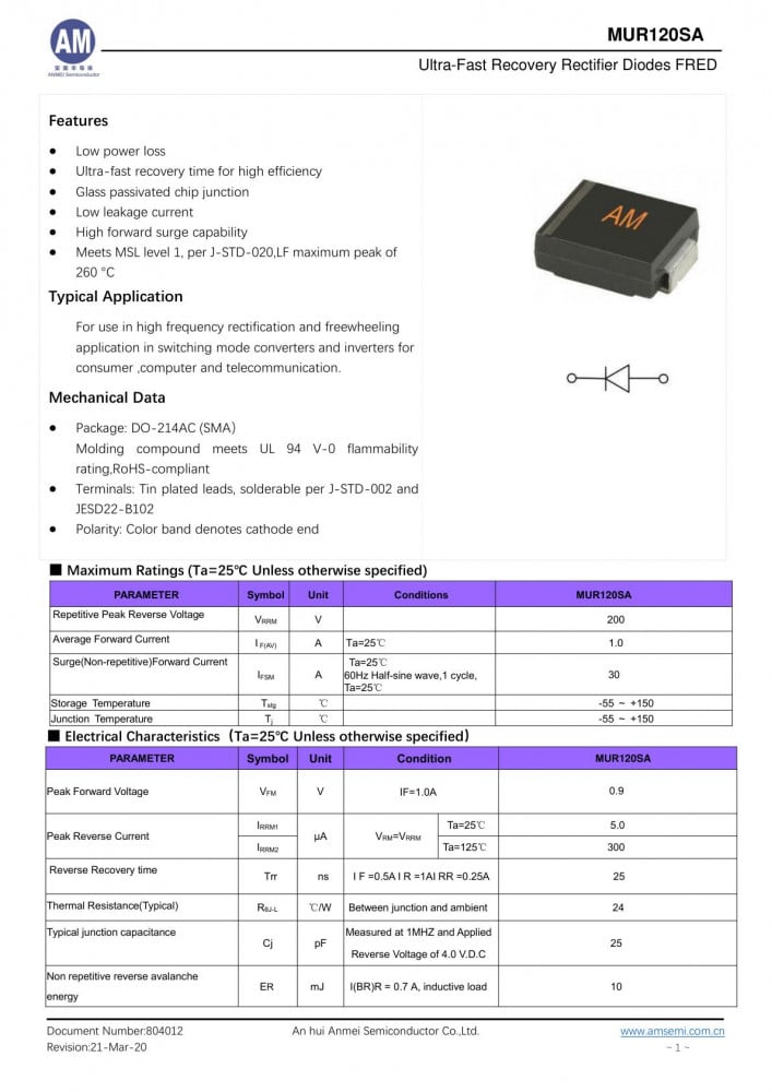 MUR120SA datasheet page 1