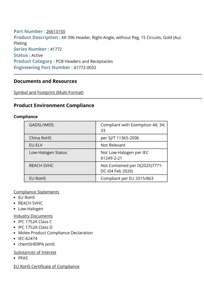 MOLEX 26613150 technical document image, page 1