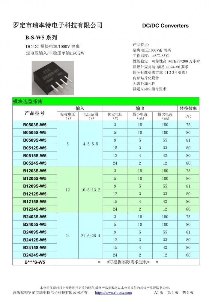 RLT B-S-W5 series datasheet page 1